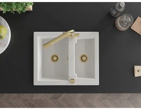 Mexen Carlos, 1,5-komorový granitový dřez 582x475x177 mm a dřezová baterie Duero, bílá, 6518-20-671600-50