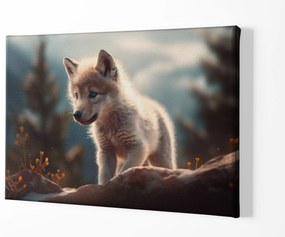 Obraz na plátně - Malý vlček na skále objevuje svět FeelHappy.cz Velikost obrazu: 90 x 60 cm