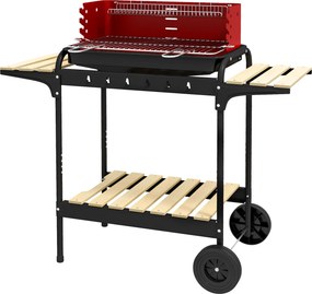 Outsunny Záhradní Kovový Uhlík Gril BBQ Smokery s Kolíky, Nastavitelný Grilovat Výšku, Dřevěná Police, Přenosný Grilový Vozík, BBQ pro Grilování a Ke…