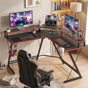 HOMCOM L-tvarovaný počítačový stůl se zásuvkami, 128 cm rohový stůl s držákem monitoru, háčkem na sluchátka a držákem nápojů