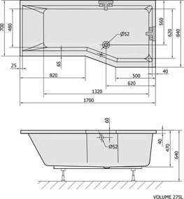 Polysan, VERSYS R asymetrická vana 170x84x70x47cm, bílá, 70611