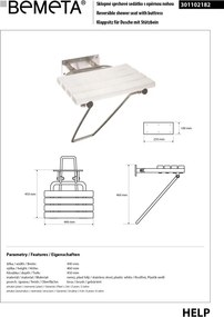 Bemeta Design HELP: Sprchové sedátko, sklopné, s nohou, bez krytky, nerez, brus, bílý plast -