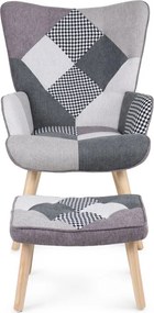 Relaxační křeslo ušák LISA + taburet — masiv, látka, černobílý patchwork