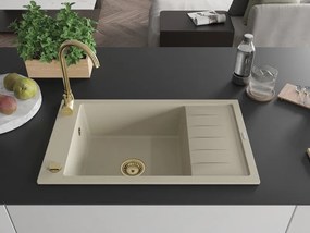 Mexen Elias granitový kuchyňský dřez 1-komorový s odkapávačem 795 x 480 mm, béžový, zlatý sifon - 6511791005-69-G
