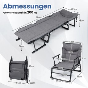 Costway 3 in 1 Zahradní lehátko s opěrkou hlavy a – 180 × 66,5 × 38 cm