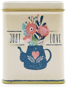 Plechová dóza Just love, 100 g – krémová, lesklý povrch, s víčkem na panty, s romantickým motivem, na čaj, kávu a bylinky