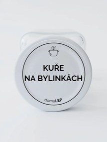 Samolepka na kořenky KUŘE NA BYLINKÁCH průhledná 5 cm tučné písmo