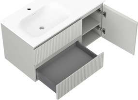 Mexen Rivel, koupelnová skříňka 90 cm s umyvadlem Vela na levé straně, 2S, 1D, drážkovaná, šedá matná/bílá matná - 91A23-09047-3-BBFFF62-W23L01