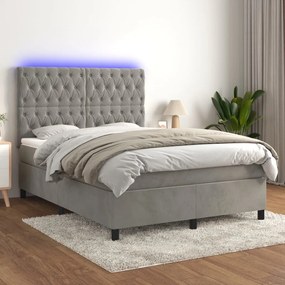 Box spring postel s matrací a LED světle šedá 140x190 cm samet,  3136299