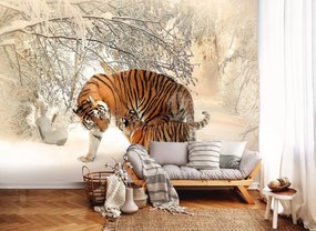 Fototapeta - Tygři na sněhu (254x184 cm)