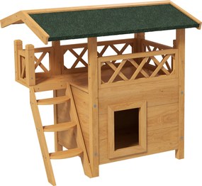 PawHut dvoupatrový domek pro kočky s asfaltovou střechou a balkonem, vila pro kočky z masivního dřeva se schody, přírodní, 77x50x73cm| Aosom