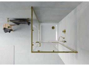 Mexen Rio, čtvercový sprchový kout s posuvnými dveřmi 80 (dveře) x 80 (dveře) x 190 cm, 5mm čiré sklo, zlatý profil + bílá sprchová vanička SLIM, 860-080-080-50-00-4010G
