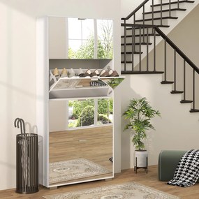 HOMCOM 2-in-1 Botník se Zrcadlovými Dveřmi, 4 Klopové Dveře, Nastavitelné Policie, Úsporný, 76L x 26W x 168H cm Bílý