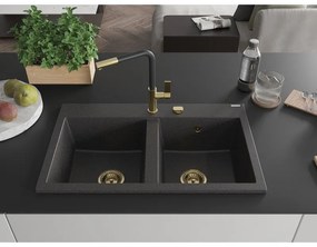 Mexen Hektor, 2-komorový granitový dřez 800x480x205 mm, černá skvrnitá, zlatý sifon, 6521802000-76-G