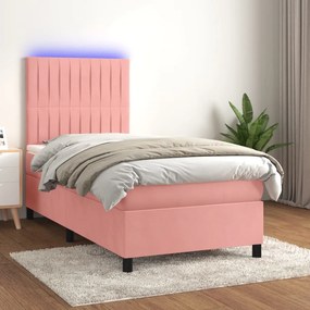 Box spring postel s matrací a LED růžová 90x200 cm samet 3136226