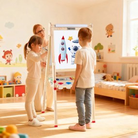 Costway Dřevěný umělecký stojan pro děti 3-in-1 Skládací oboustranný magnetický