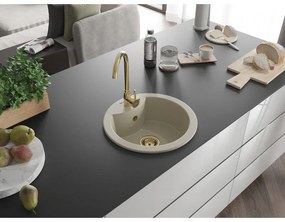 Mexen Diego, granitový dřez 488x488x167 mm, 1-komorový, béžová se zlatým sifonem, 6512481000-69-G