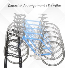 HOMCOM 5-Členný stojan na kola – skladovací stojan pro kola s pneumatikami do 65 mm, rozměry 145L x 33W x 27H cm, černá ocel
