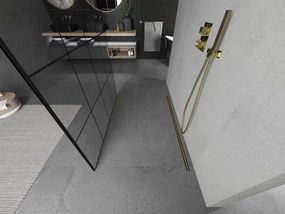 Mexen Kioto, průchozí sprchová zástěna 130 x 200 cm, 8mm sklo čiré/černý vzor, 2x zlatá stabilizační rozpěra, 800-130-002-50-77
