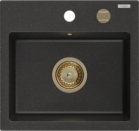 Mexen Milo, granitový dřez 435x410x171 mm, 1-komorový, černá-zlatá metalíza se zlatým sifonem, 6505441000-75-G