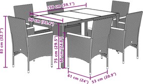 7dílný zahradní jídelní set s poduškami černý polyratan a sklo 3278648