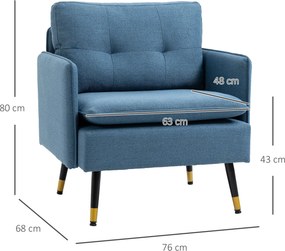 HOMCOM skandinávské křeslo s prošívaným opěradlem a kontrastním lemem v látce 76 x 68 x 80 cm - modré s černými a zlatými kovovými nohami