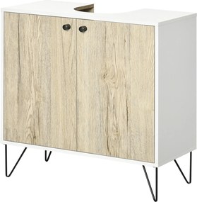 kleankin Koupelnová Skříňka Pod Umyvadlo s Dvěma Dveřmi a Ocelovými Nohami 60x30x60 cm Ořech a Bílá | Aosom