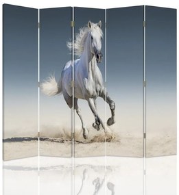 Ozdobný paraván Bílý cválající kůň - 180x170 cm, pětidílný, klasický paraván