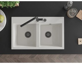 Mexen Hektor, 2-komorový granitový dřez 800x480x205 mm, bílá, grafitový sifon, 6521802000-20-B