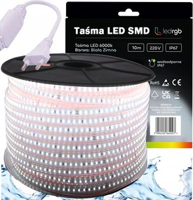 Set Led pásek Smd 220V 230V 10m 6000K Bílý Studený Napájecí Zdroj IP67 120/m