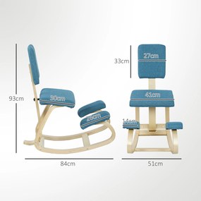 HOMCOM ergonomická klečící židle s opěrkou — březová kancelářská a meditační stolička (tmavě modrá)