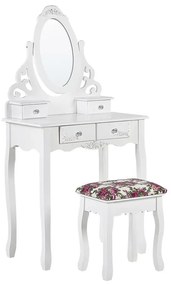 Toaletní stolek, 4 zásuvky, oválné zrcadlo a bílá stolička AMOUR Beliani