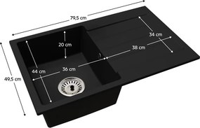 Granitový dřez se sifonem a odkapávací plochou, univerzální, černá, 79,5x49,5, ROVANA
