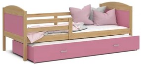 Dětská postel MATYAS P2 90x200 cm s borovicovou konstrukcí v růžové barvě s přistýlkou