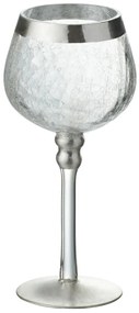 Menší skleněný  transparentní svícen na nožičce na čajovou svíčku  se stříbrným zdobením  - Ø 9*20 cm