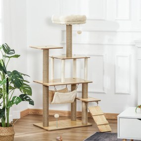 PawHut dřevěný kočičí strom s prolézačkou a kočičí jeskyní, jutové špalky, míčky na hraní, žlutý, 60x40x130cm pro aktivní kočky | Aosom.de