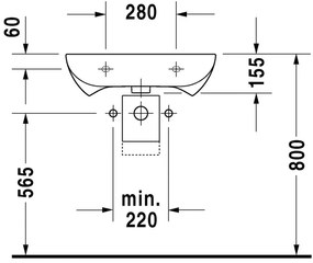 Duravit D-Code - Umyvadlo, 1 otvor pro armaturu propíchnutý, 60 x 55 cm, bílé 23136000002