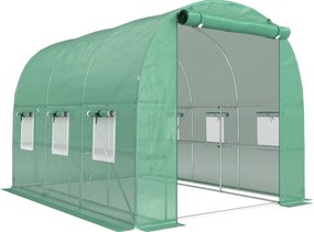 Skleník o rozměrech cca 2,7 x 2 x 2 m Fóliový skleník s policemi Rolovací dveře na zip 6 oken se síťovinou Nosné tyče