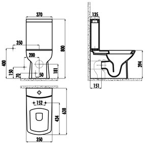 CREAVIT CREAVIT, LARA WC kombi, spodní/zadní odpad, splachovací mechanismus, černá matná, LR360-01