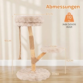 Costway 90 cm škrabadlo z masivního dřeva s 3 plyšovými sedadly, lano