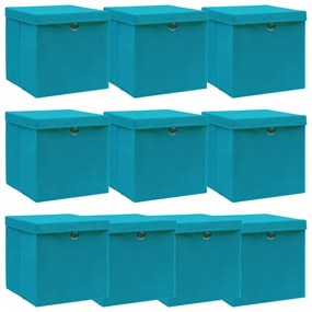 Úložné boxy s víky 10 ks bledě modré 32 x 32 x 32 cm textil 288376