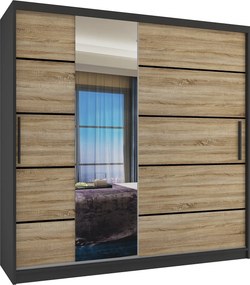 Šatní skříň 200 cm Belini černý mat / dub sonoma s posuvnými dveřmi zrcadlem a zásuvkami  MBP SZP5/1/B/DS/0/KLP