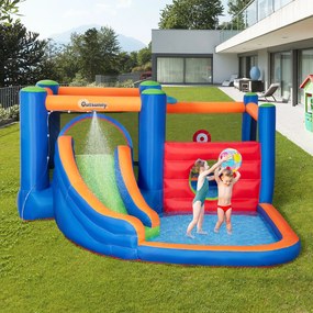 Outsunny Nafukovací skákací hrad Outsunny, vodní park s nafukovačem, skluzavkou, basketbalovým košem, hrací centrum pro děti od 3 let, ideální na zah…