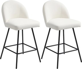 HOMCOM Sada 2 Barových Židlí s Velurovým Opěradlem, Vysoké Židle s Opěrkou Nohou pro Kuchyňský Ostrov a Barový Pult, 48,5x56x92 cm, Krémově Bílá | Aos