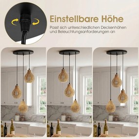 Costway 3-flame boho ratanový přívěsek světlý ručně tkaný přírodní košový lustr