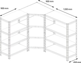 Bezšroubový kovový regál RIVET CORNER PACK 180x210x180x45 cm, 4x HDF police, zinek
