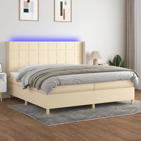 Box spring postel s matrací a LED krémová 200x200 cm textil