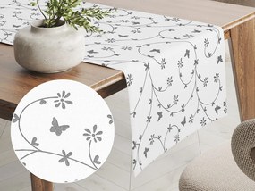 Biante Bavlněný běhoun na stůl Sandra SA-049 Drobné šedé květiny a motýlci na bílém 20x180 cm