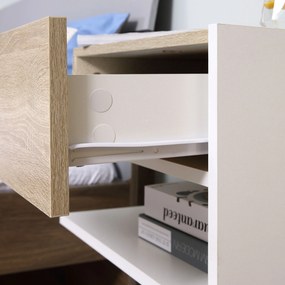 HOMCOM Sada 2 Floating Nočních Stolků Bez Noh K Hanging Noční Stolky s 1 Zásuvkou a Otevřenou Policou pro Ložnici 46x30x30 cm Dub a Bílá