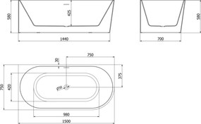 Mexen Mia, volně stojící rohová vana, lavá, 150 x 75 cm, bílá, růžové zlato přepad, 52691507500L-60